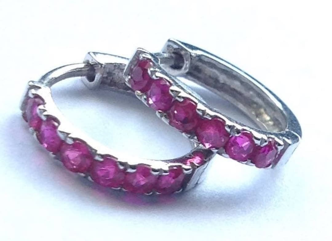 Vintage Ruby Hoop Earrings | 14K White Gold | Handmade | 1/2" | Natural ...