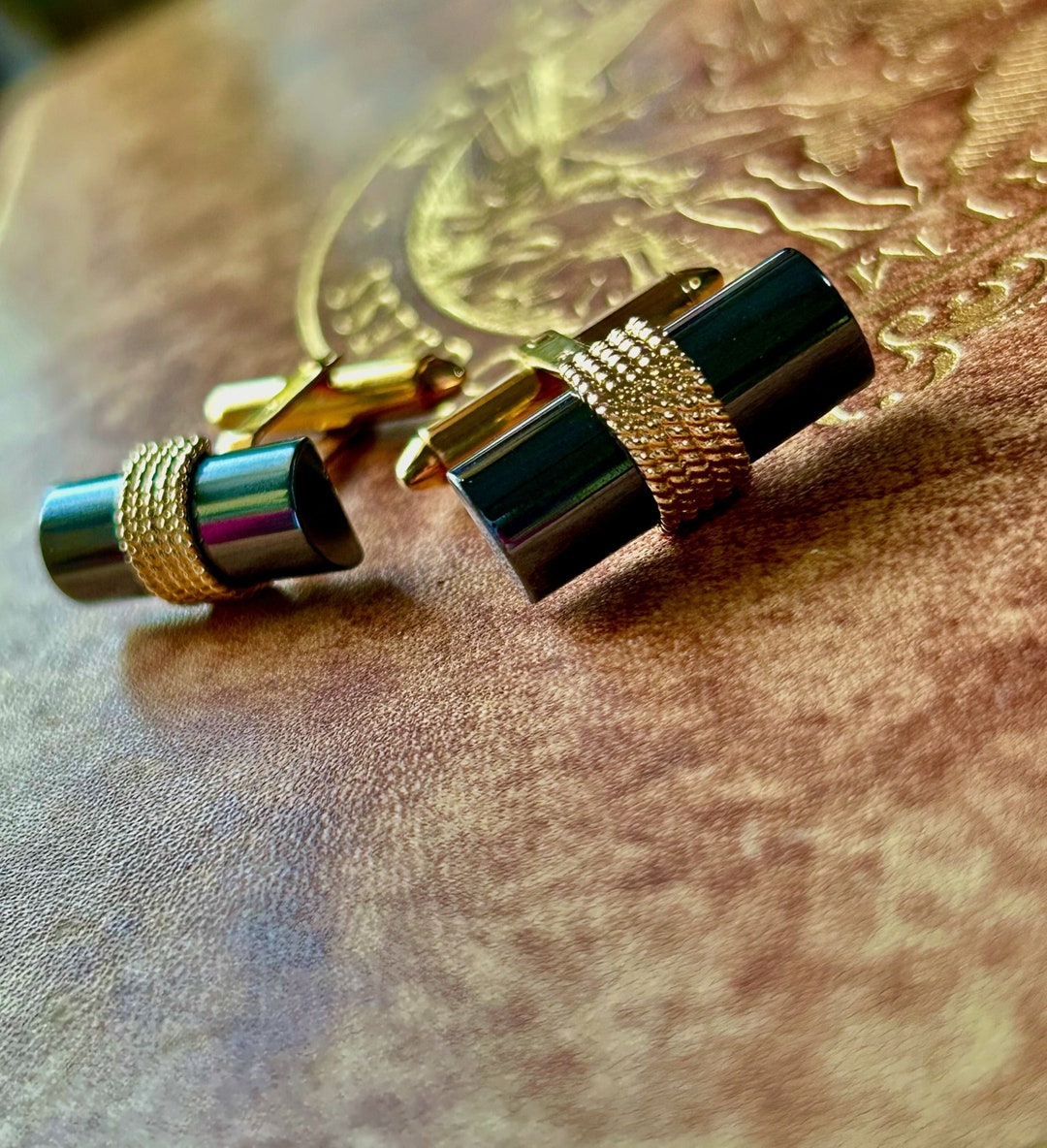 14K Gold and Hematite Cuff Links | Bar & Rope Design, Swivel Back - Etsy