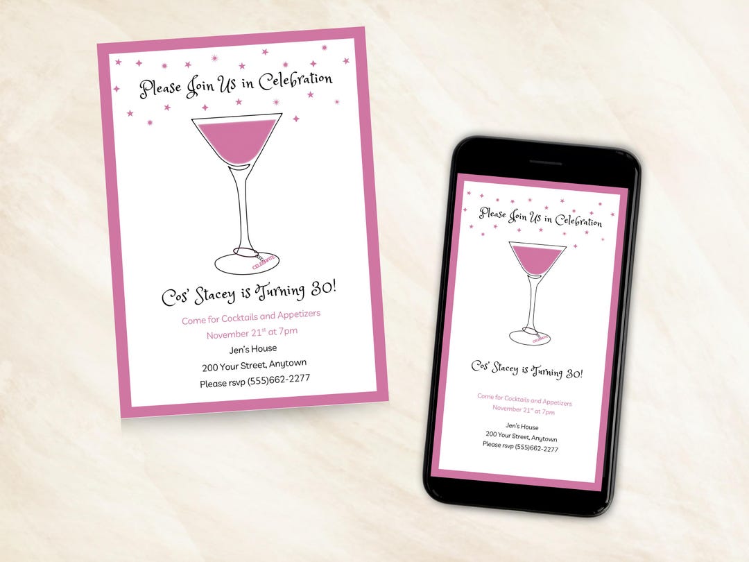 Cosmo Girl Martini Birthday Invitation, Ladies Invite, Printable ...