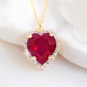 Ruby Heart Necklace BIG GOLD RED Crystal Heart Pendant, July Ruby ...