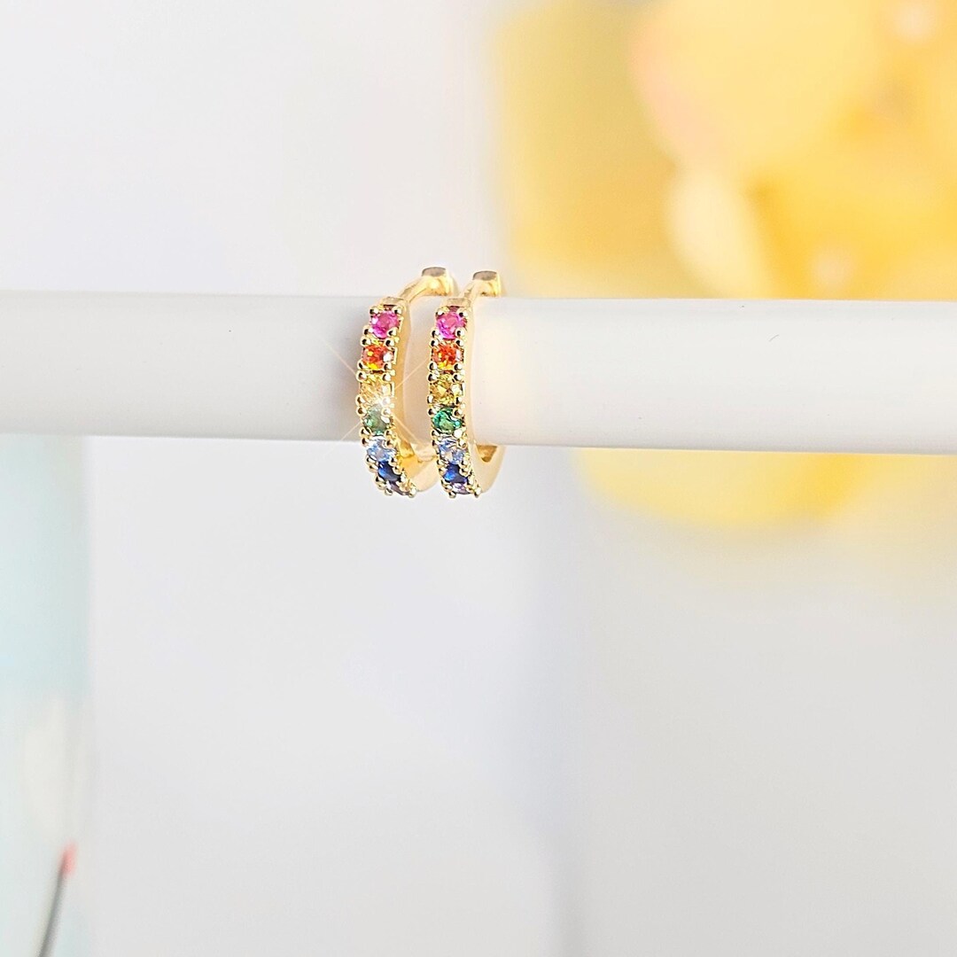 Tiny Rainbow Hoops Gold Multicolor Huggies 16K Gold Huggy Pave Crystals ...
