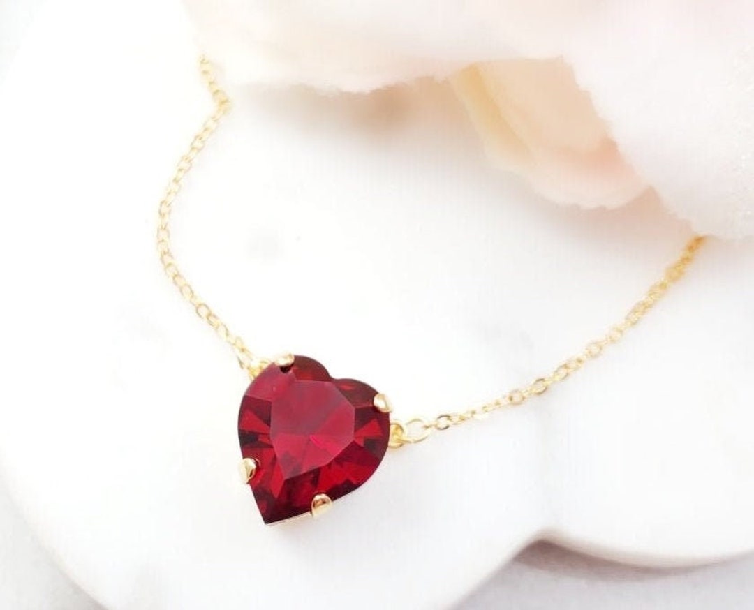 Ruby Heart Necklace BIG GOLD RED Crystal Heart Pendant July - Etsy