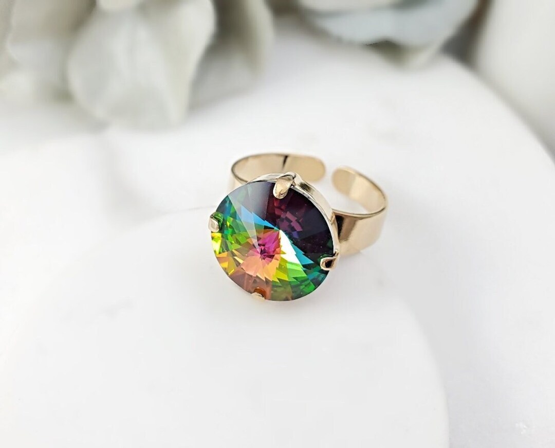 RAINBOW CRYSTAL RING Gold Iridescent Ring, Aurora Borealis Vitrail ...