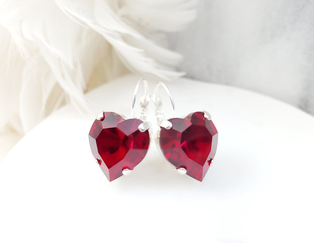 RUBY HEART EARRINGS Silver Red Crystal Heart Dangles, Silver Bright Red ...