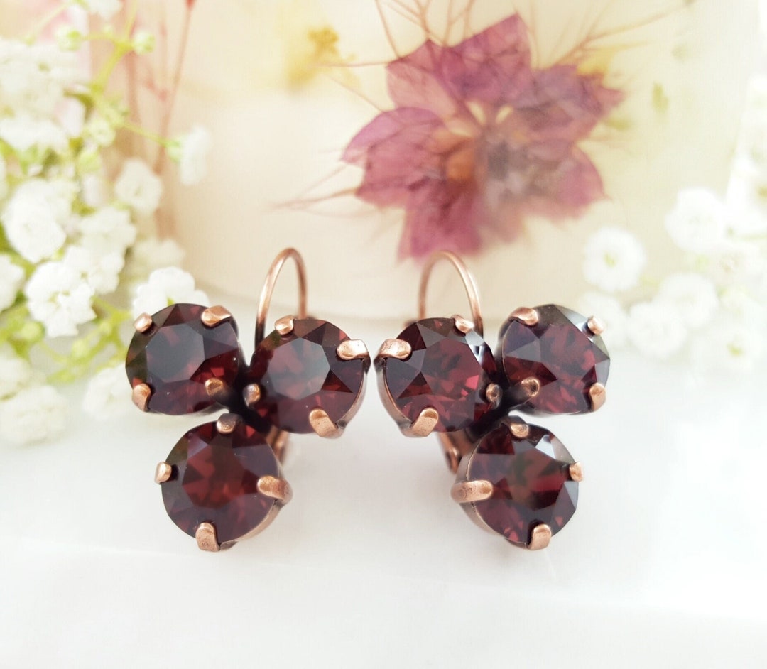 Ruby Red Dangling Earrings, Small Round Crystal Drops, DARK BURGUNDY ...
