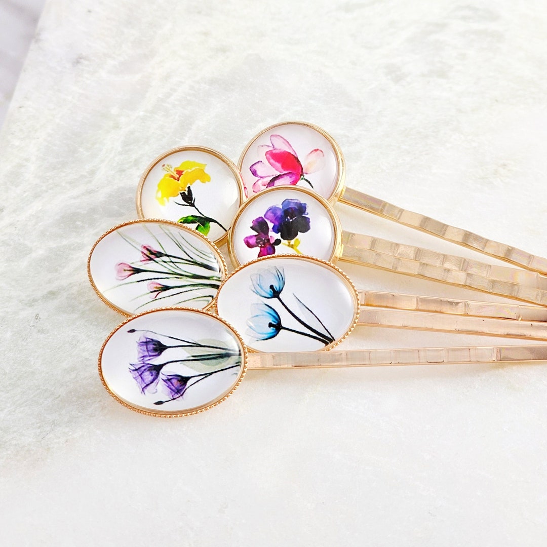 Watercolor Flower Bobby Pin GRAB BAG Set of 6 Hairpins, Glass Boho ...