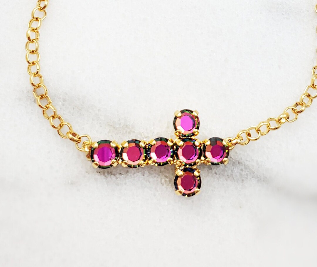 GOLD CROSS NECKLACE Iridescent Rainbow or Clear Crystals, Rhinestone ...