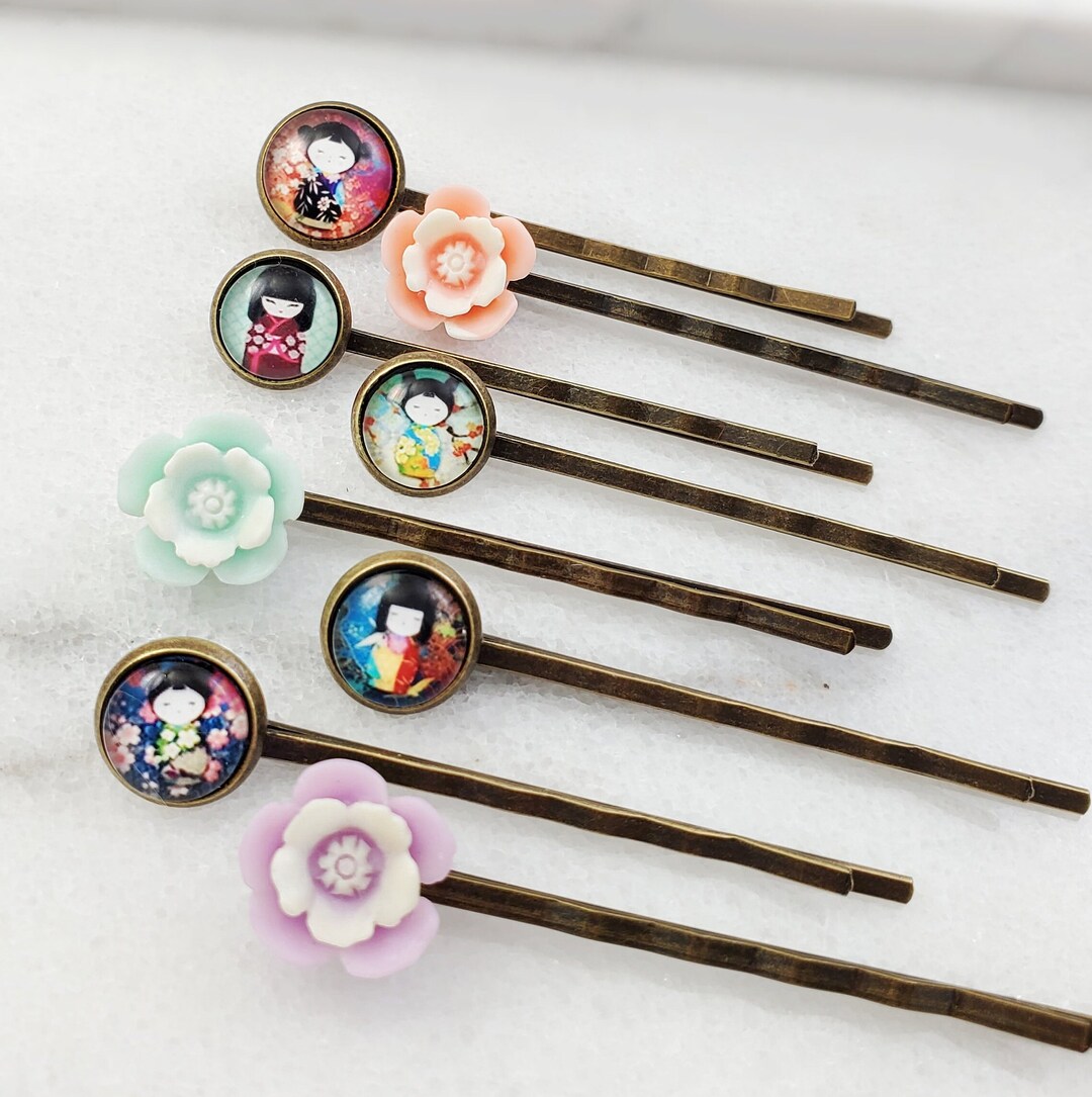 Cherry Blossom Hair Pins, Geisha Hairpins, Bobby Pin Set of 8, Mint and Purple Lotus Flower ...
