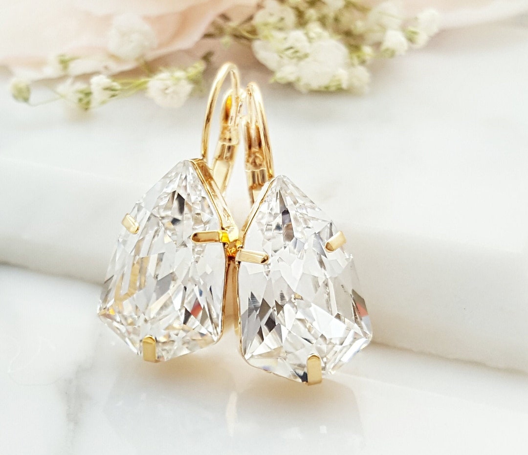 Large Gold Diamond Earrings Big Dangling Clear Crystal Bridal Teardrops ...