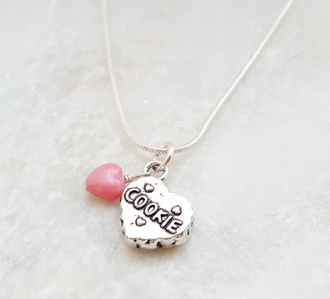 SILVER COOKIE NECKLACE Baker Gift, Pink Czech Glass Heart Pendant ...