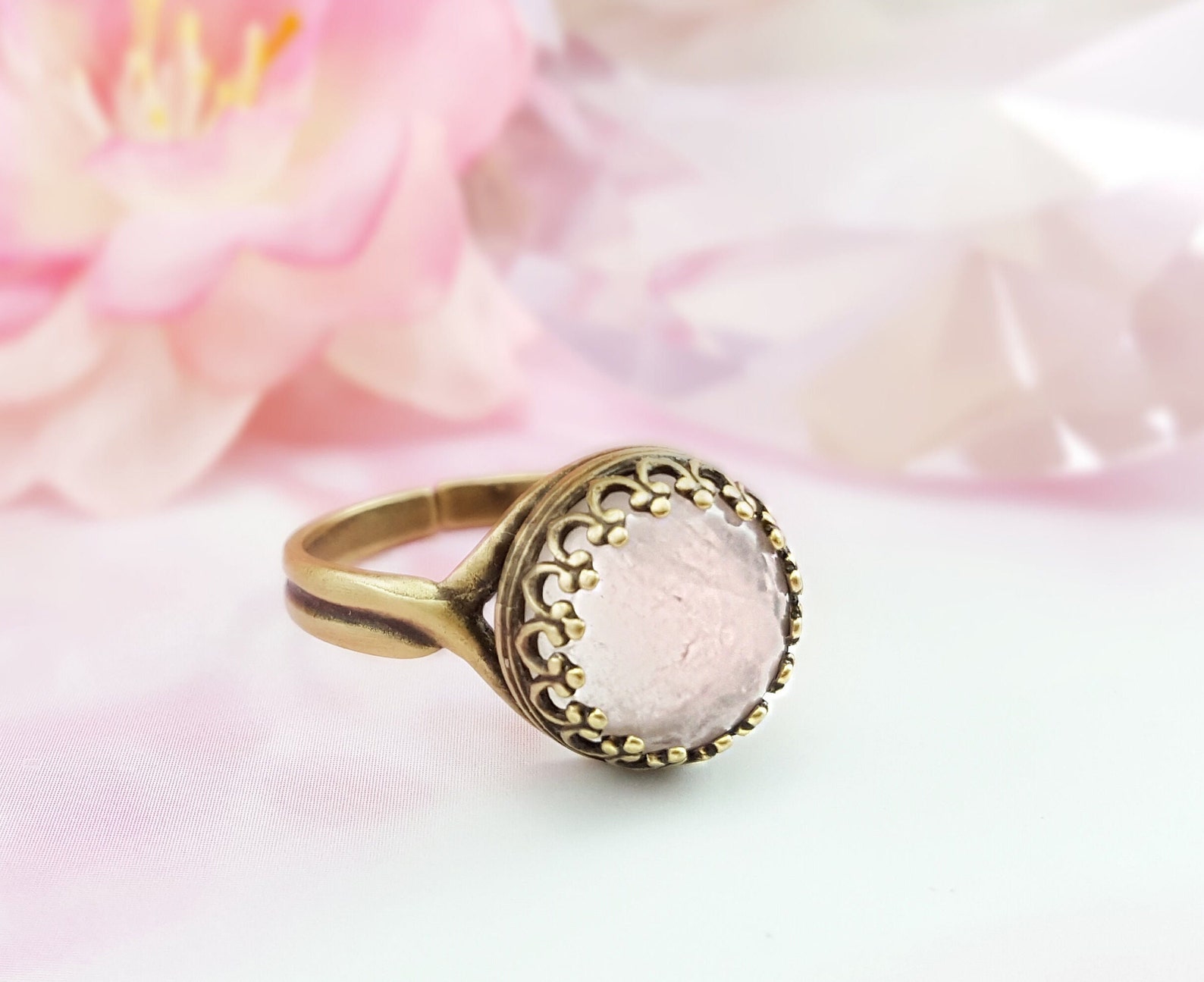 ROSE QUARTZ RINGS Bronze or Silver Pink Gemstone Jewelry Gift, Round ...