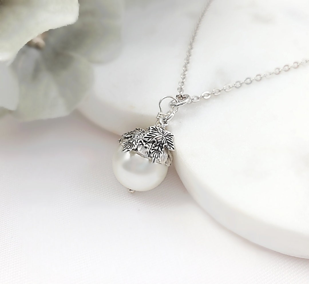 SILVER ACORN NECKLACE, Ivory Pearl or Pink Pearl Botanical Jewelry ...