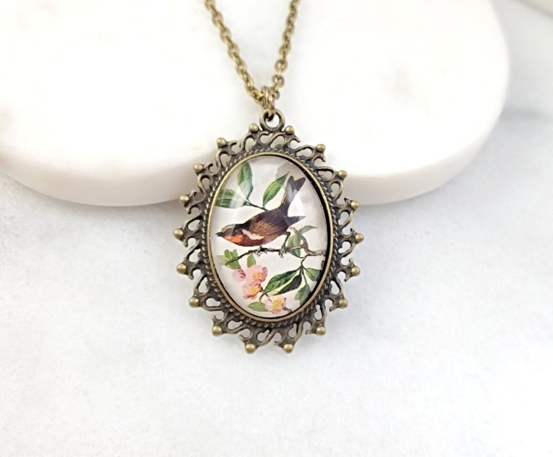 VINTAGE BIRD NECKLACE, Antiqued Bronze Red Robin Pendant, Victorian ...
