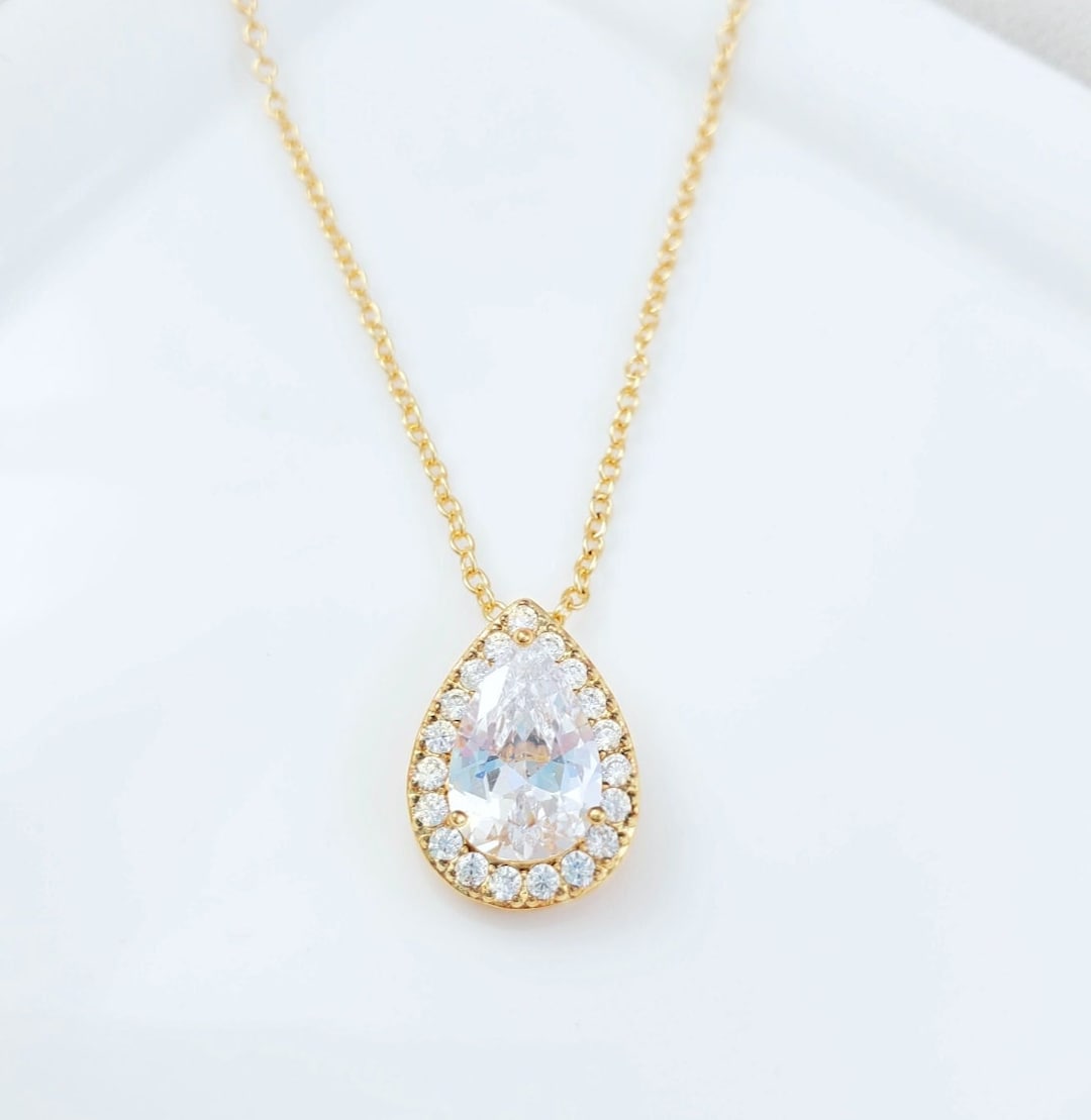 Diamond Teardrop Necklace GOLD CZ BRIDAL Jewelry Gift for Her, Rose ...