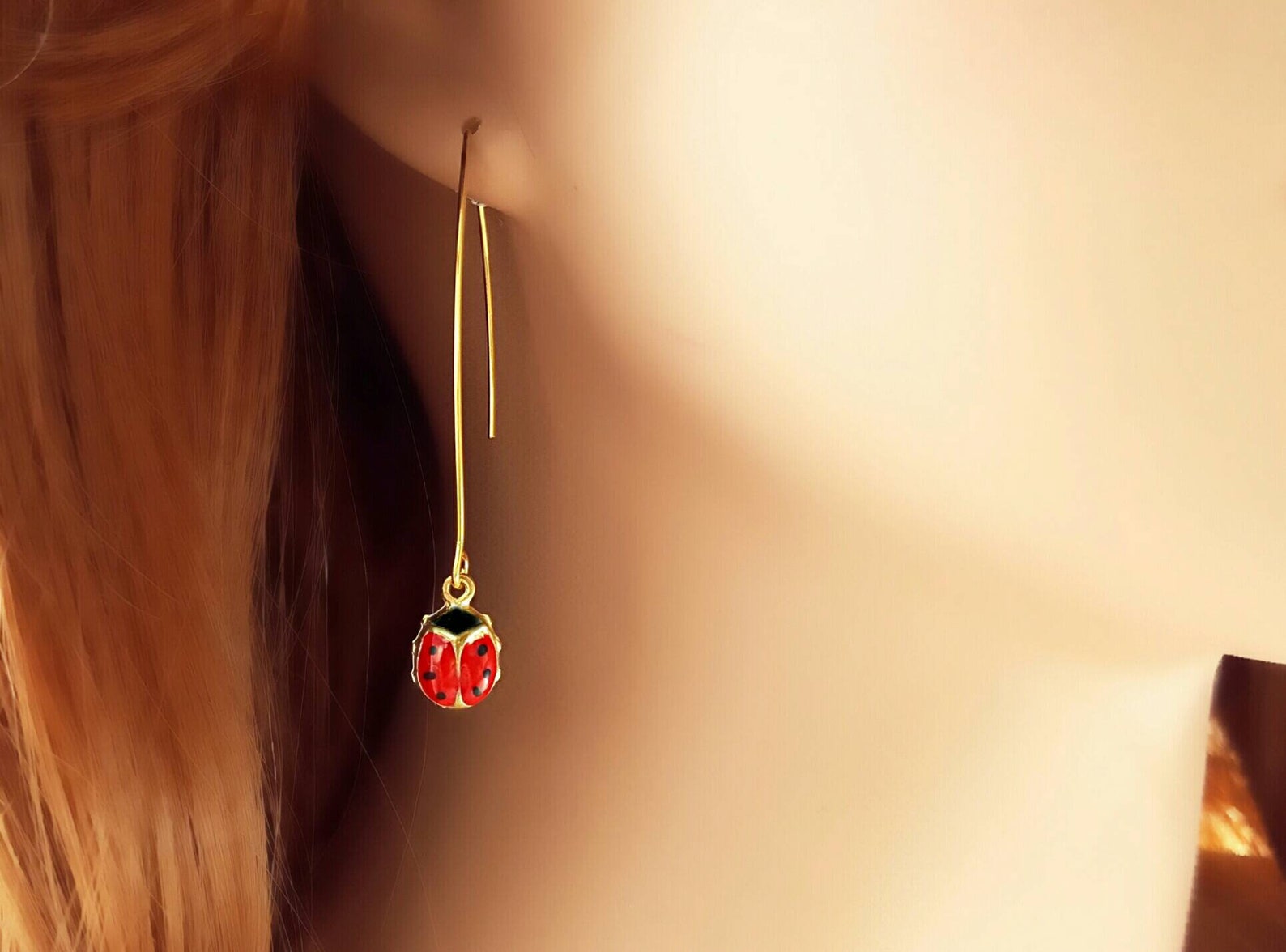 RED LADYBUG EARRINGS, Adorable Gold Insect Charm Hoops, Red Lady Bug ...