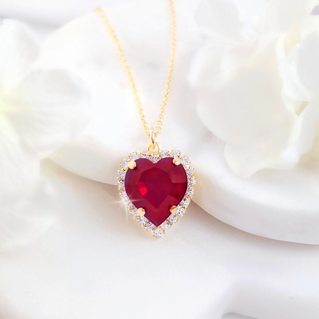 Ruby Heart Necklace BIG GOLD RED Crystal Heart Pendant, July Ruby ...