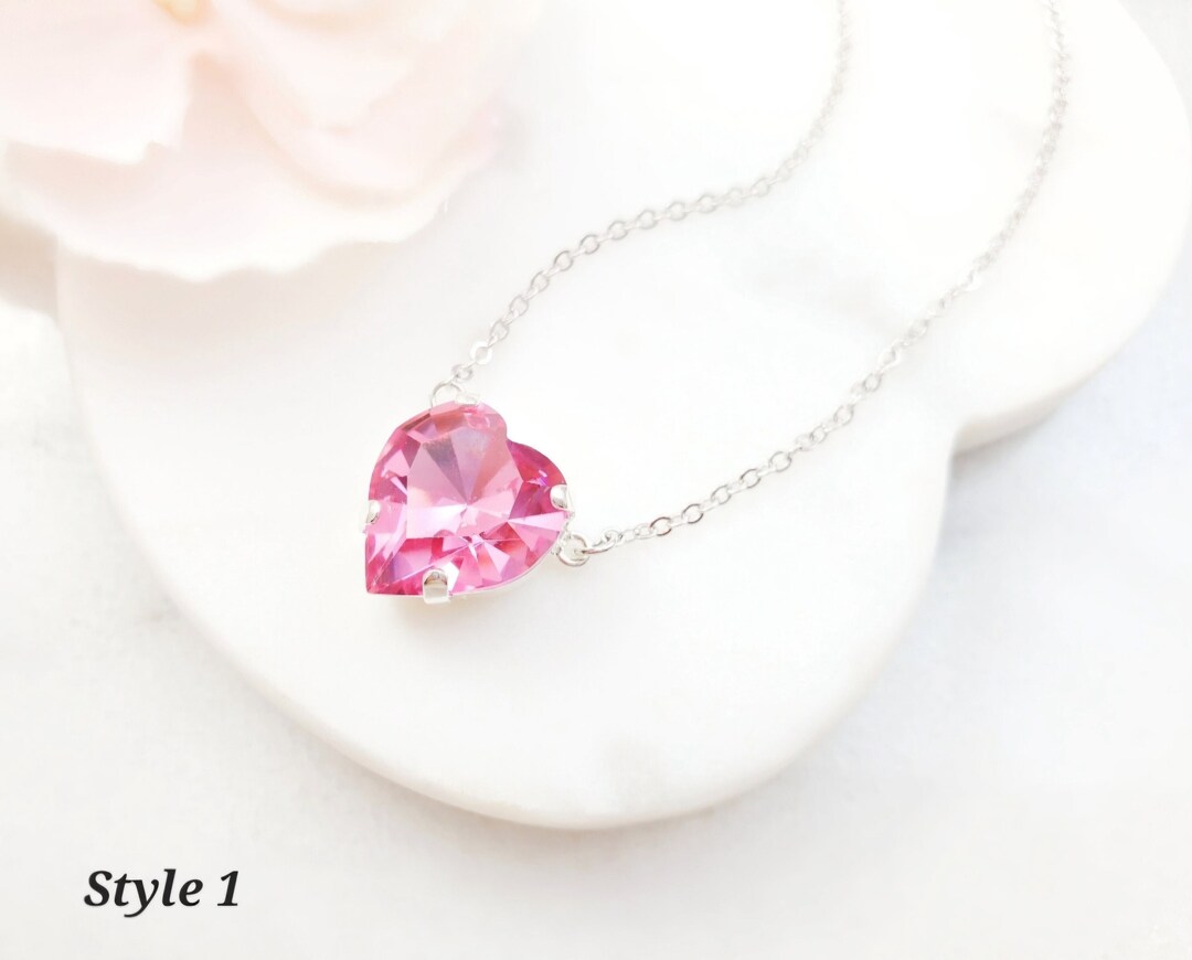 Pink Heart Necklace BIG PINK SAPPHIRE Crystal Heart Pendant, October ...