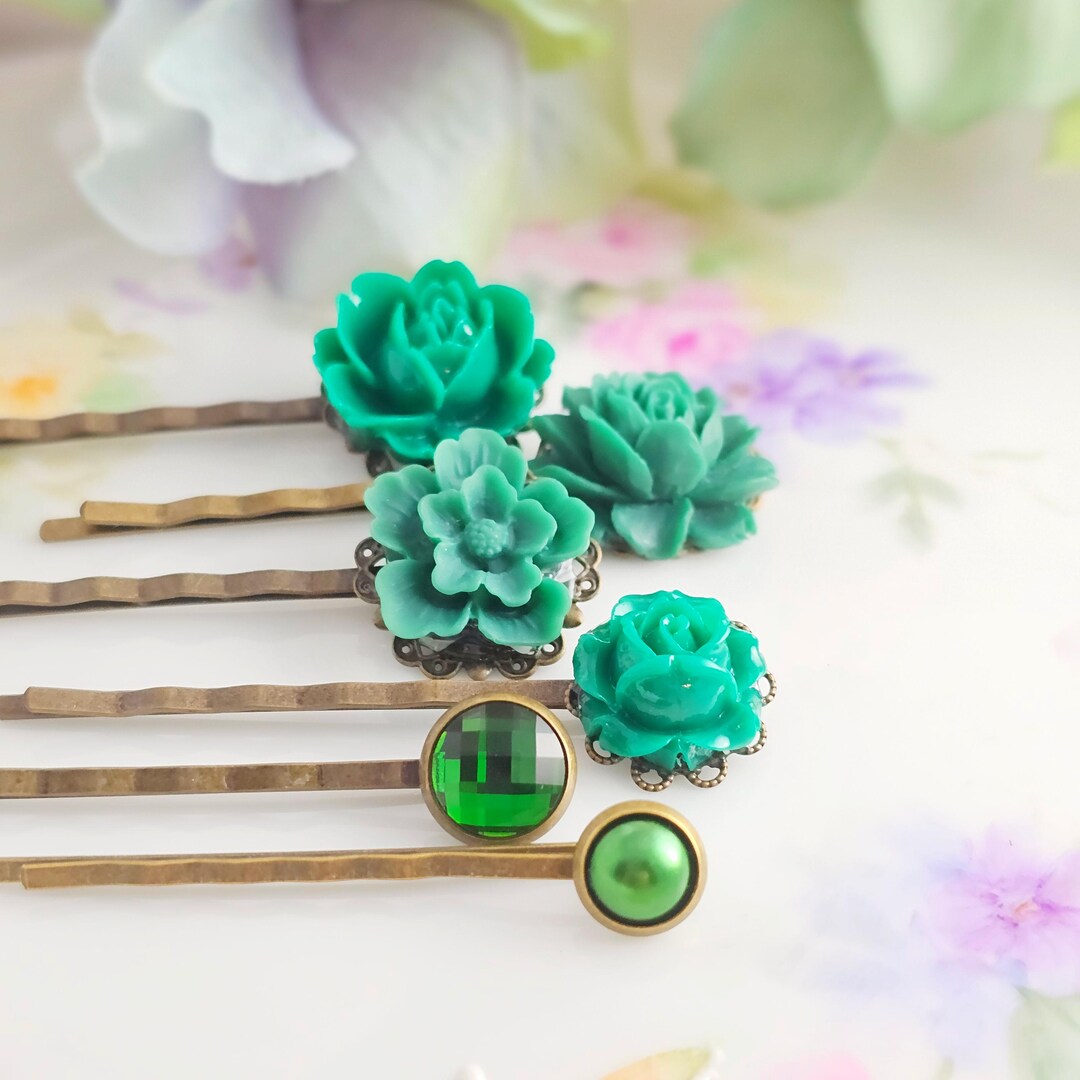 Dark GREEN BOBBY PINS Decorative Hair Pin Set, Emerald Crystal Hairpin ...