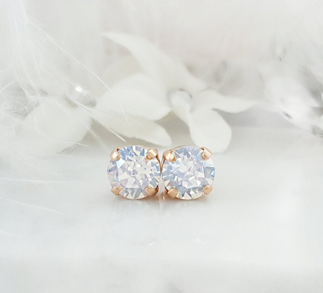ROSE GOLD STUDS Round Moonlight Crystal Diamond Earrings, Iridescent ...