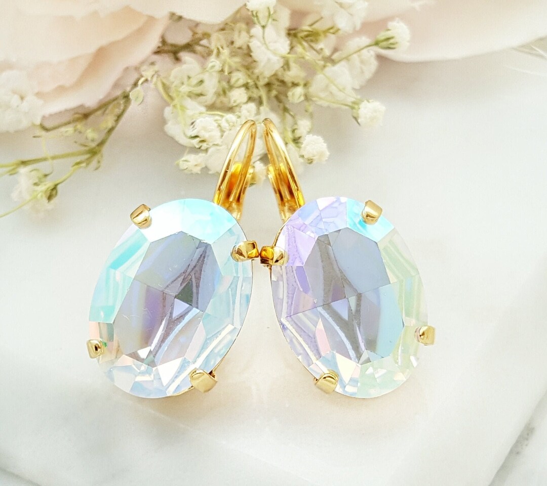 Diamond Crystal Earrings Gold Iridescent Studs, DANGLING SPARKLY ...