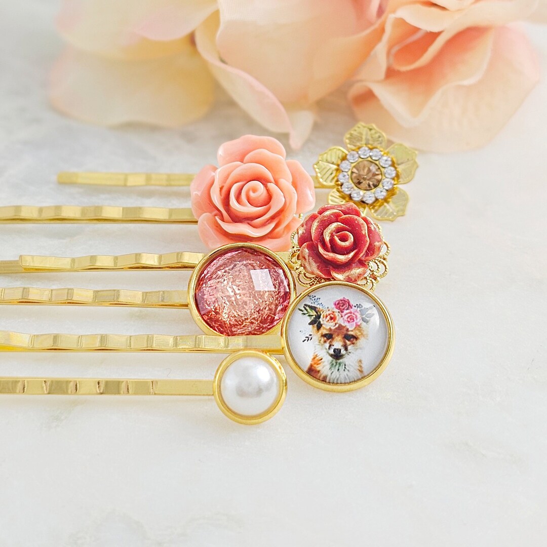 Choose Your Animal CUSTOM Bobby Pin Set of 6, Floral Decorative Bronze ...