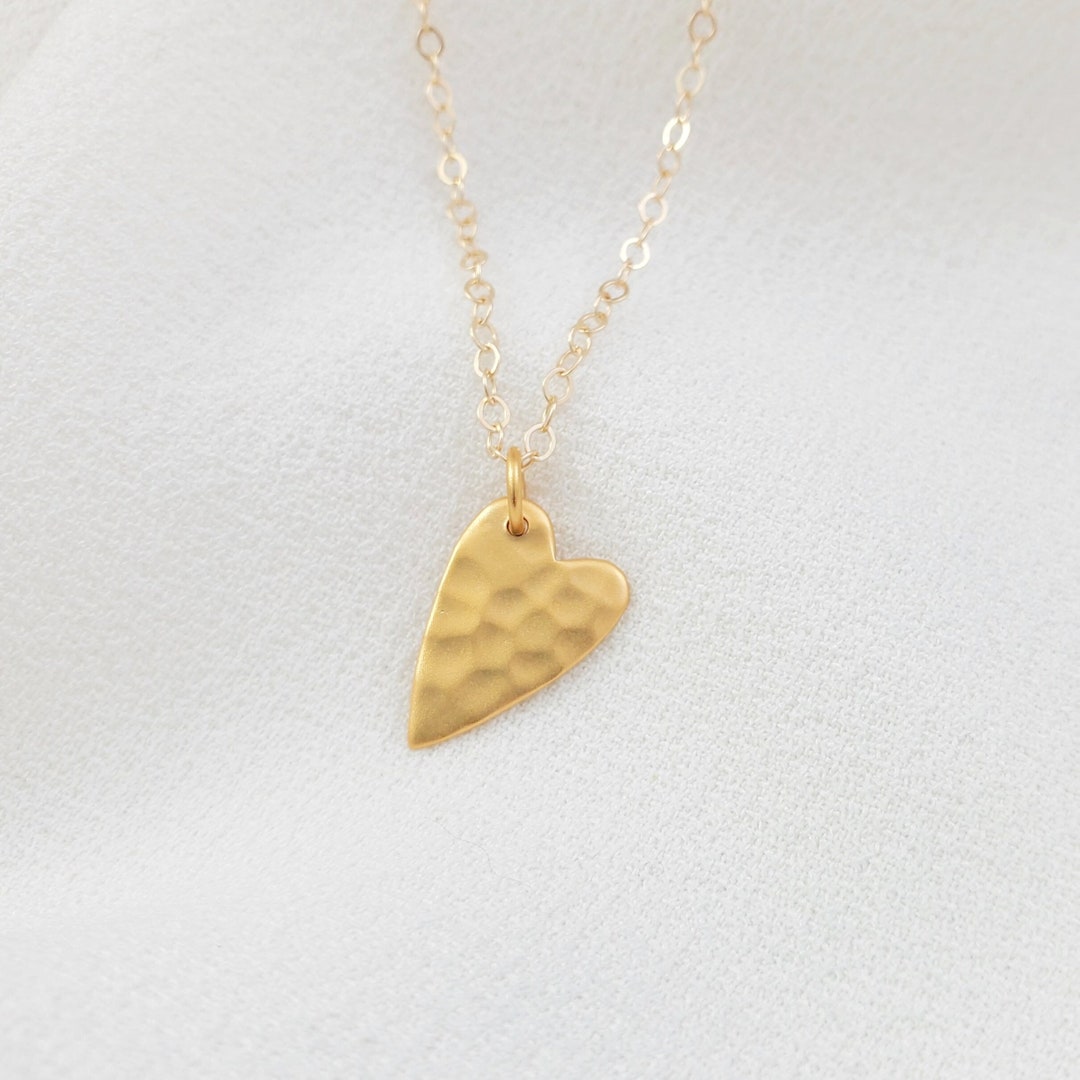 GOLD HAMMERED HEART Necklace 24K Gold Slanted Heart Pendant, Goldfilled ...