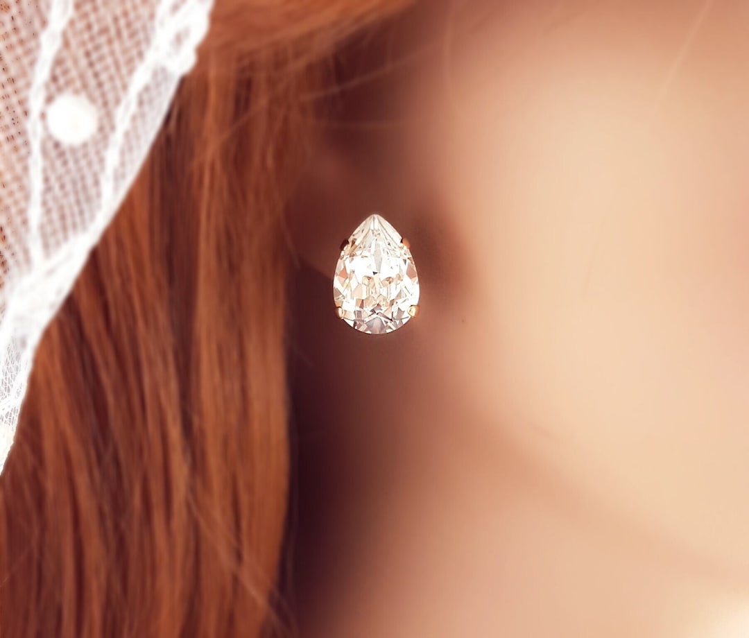 Clear Diamond Earrings for Women, BIG TEARDROP CRYSTAL Studs, Gold ...
