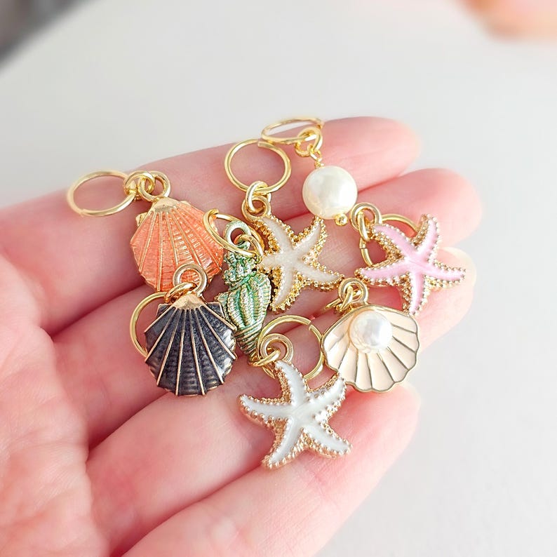 Seashell & Pearl HAIR RINGS 8 Gold Hair Charms, Starfish Hair Dangle ...