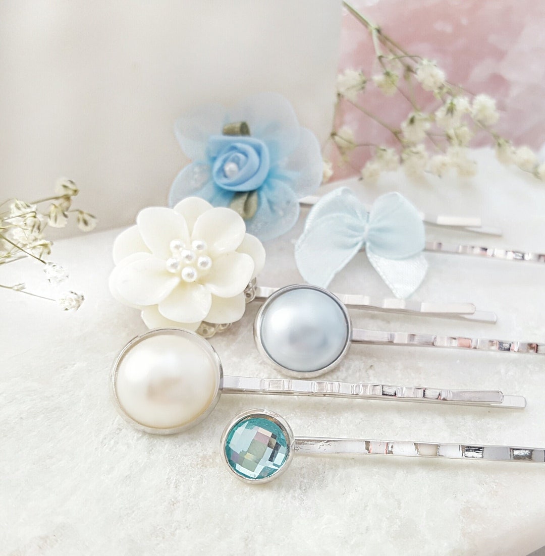 BLUE BOBBY PIN Set of 6 Blue Pearl Hairpin, Ivory Pearl & White Rose ...