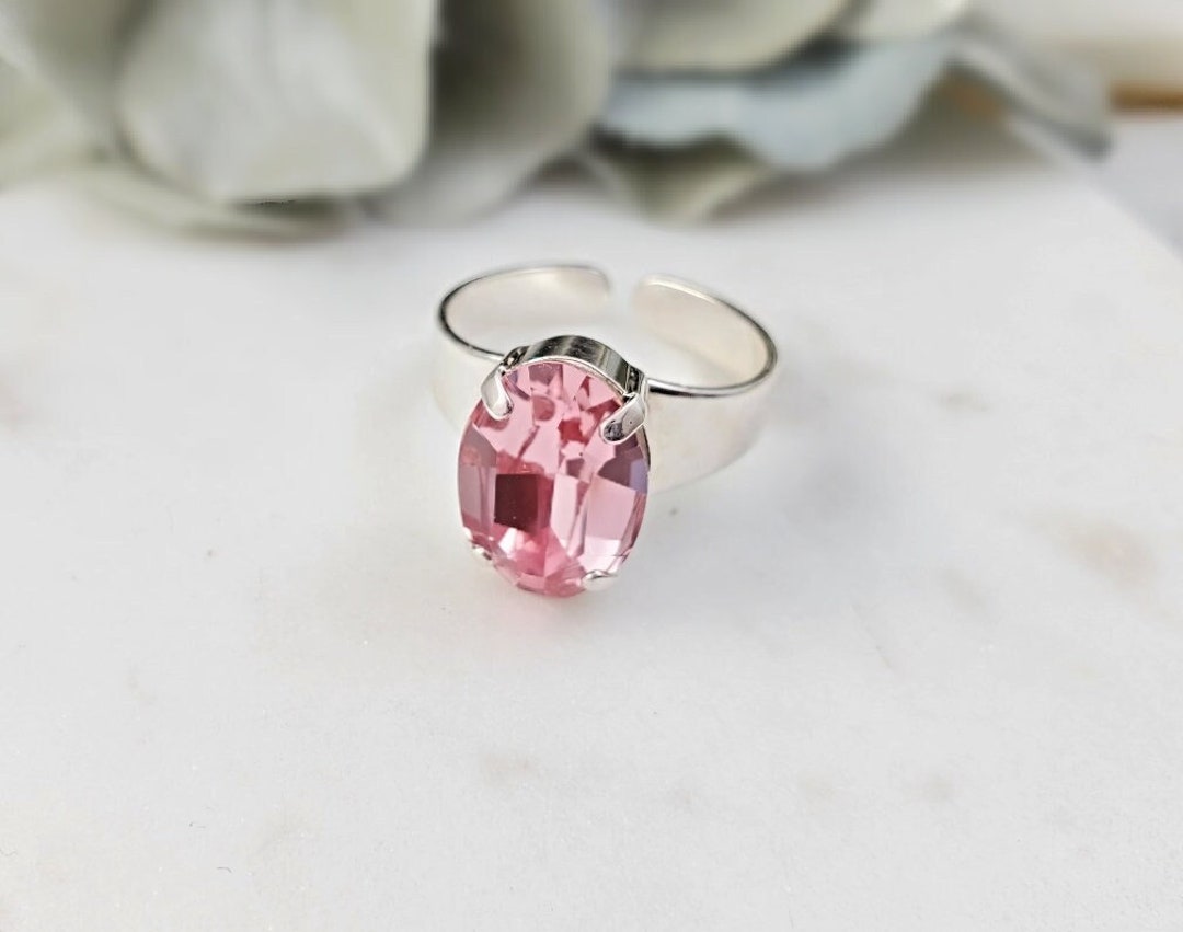 PINK CRYSTAL RING Silver Statement Ring, Rose Pink Oval Ladies Ring ...