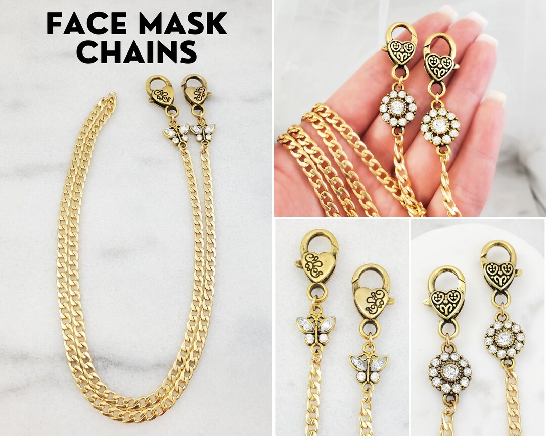 CRYSTAL FACEMASK CHAIN Necklace, Antique Gold Clear Diamond Flower Face ...