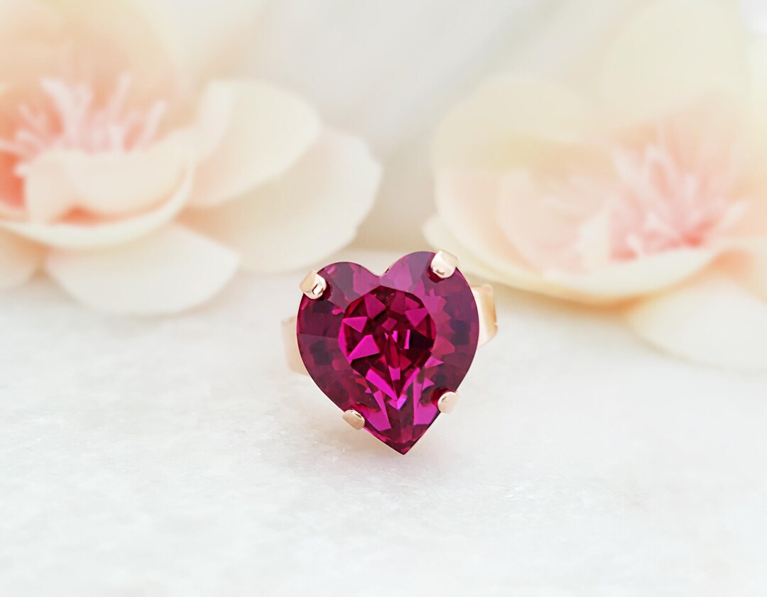 FUCHSIA Hot Pink Heart Ring Rose Gold Heartshaped Crystal, Fuchsia ...
