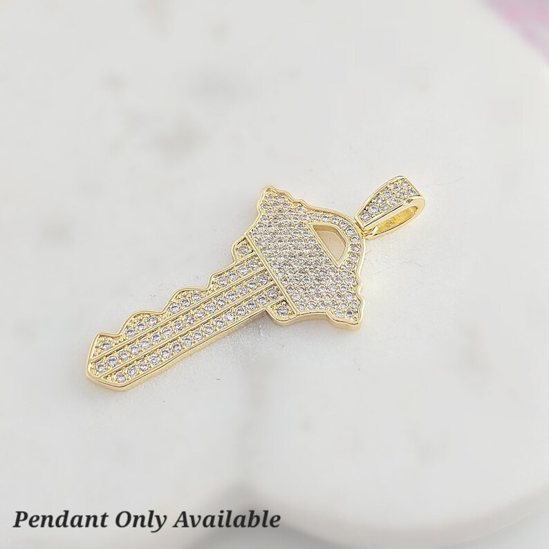 Big CZ Gold Key Necklace, Clear Crystal Cubic Zirconia House Key ...
