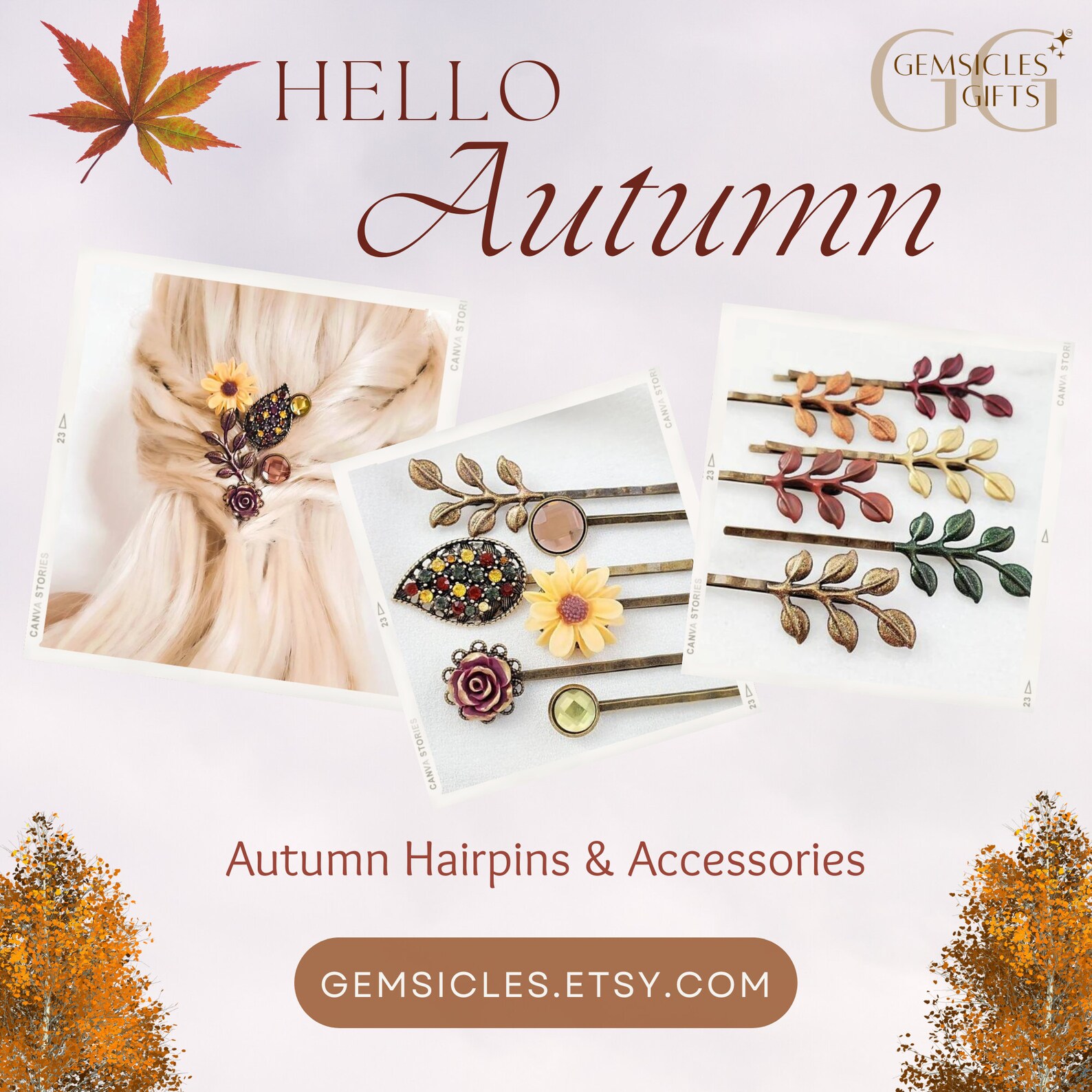 AUTUMN Hair Accessories 7 Decorative Bobby Pins, Trees & Leaves, Sage ...