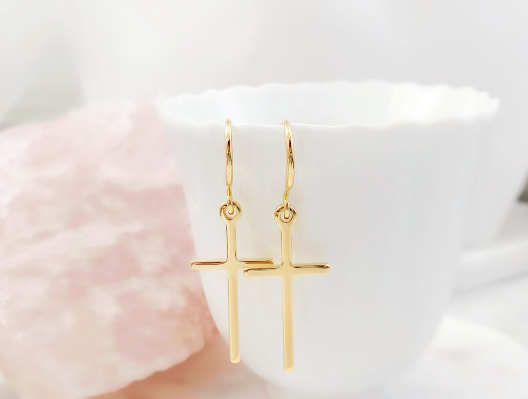 CROSS EARRINGS GOLD Dangling Christian Crosses, Religious Jewelry Gifts ...