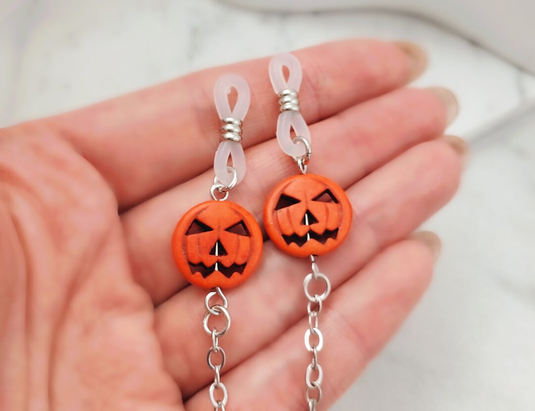 Orange Pumpkin Eyeglass Holder or Facemask Chain, Carved JACK-O-LANTERN ...