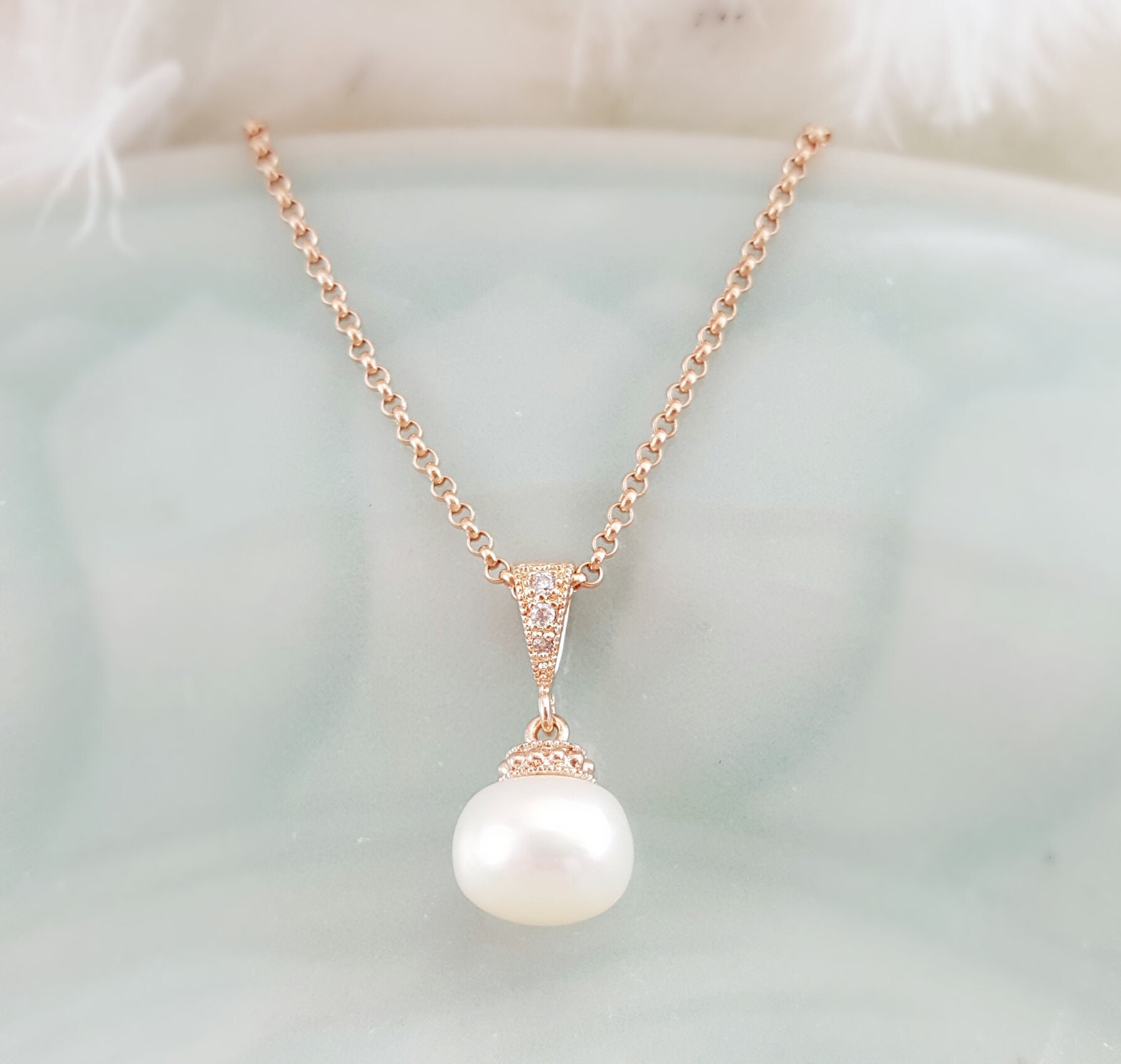 Simple Pearl Necklace On Rose Gold Pearl Wedding Jewelry Etsy