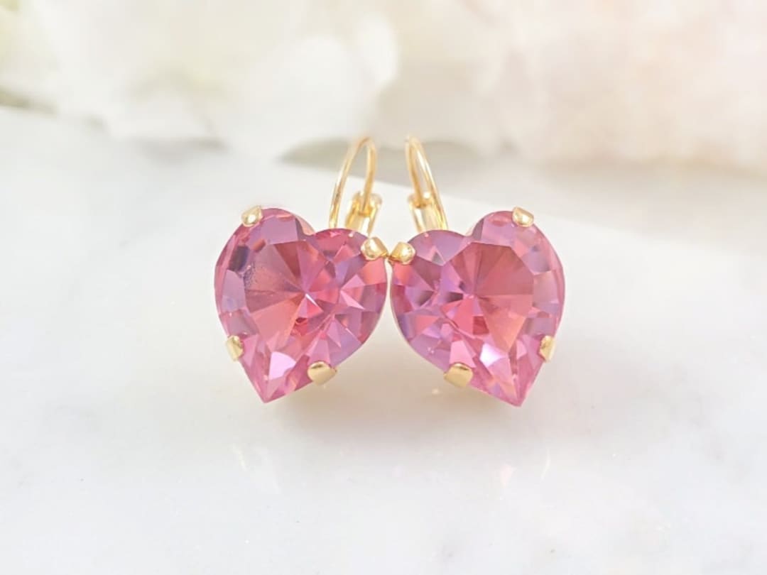 GOLD Big Pink Diamond Heart Earrings, Rose Crystal Drops, Large ...