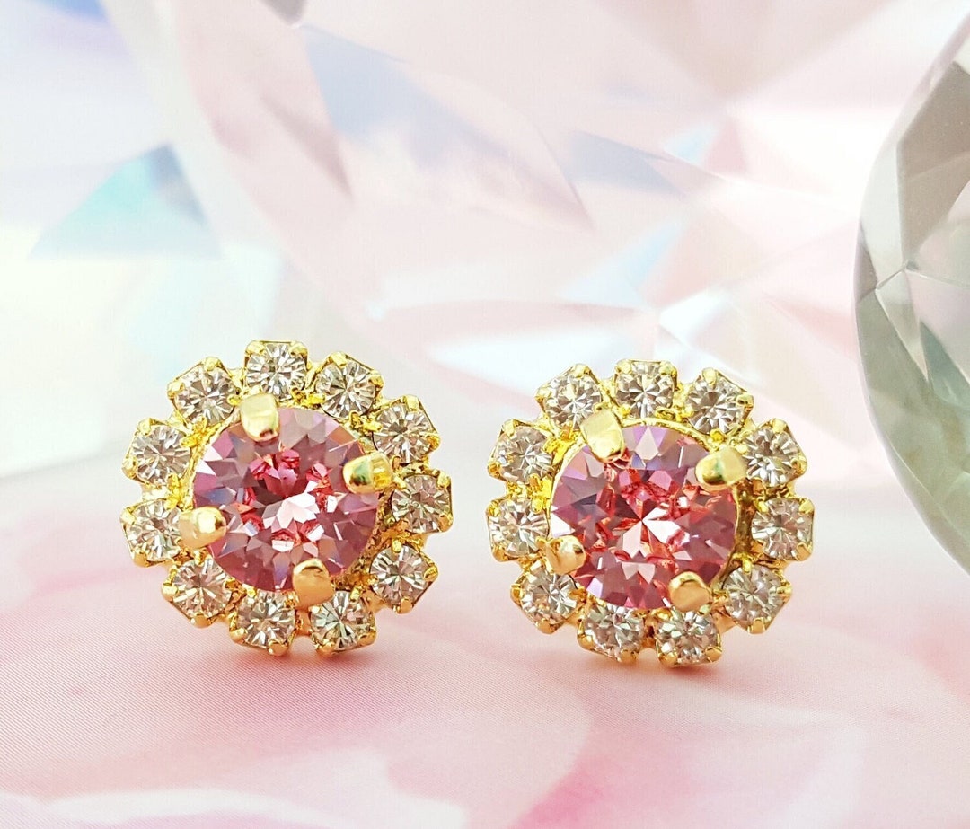 GOLD ROUND PINK Crystal Stud Earrings, Small Pink & Diamond Cluster ...