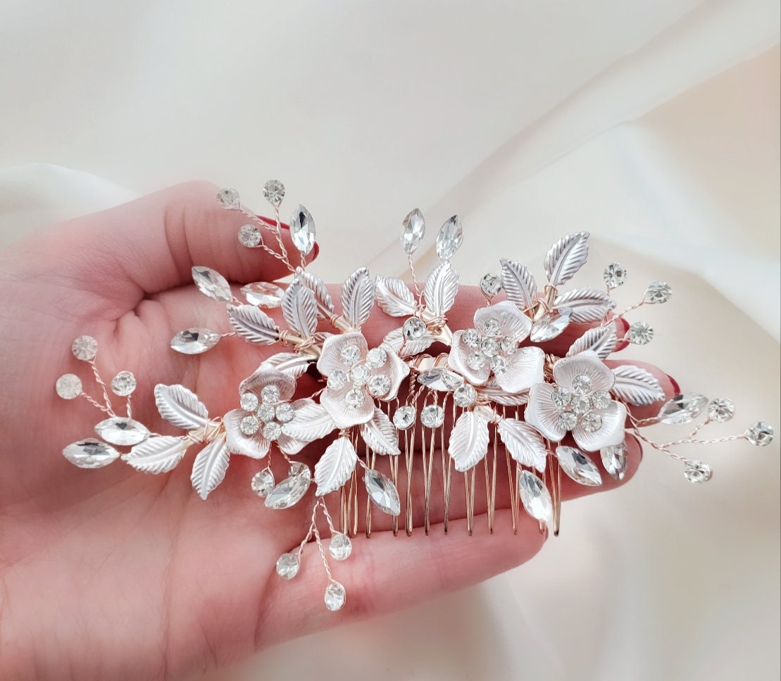 SILVER Crystal Jeweled Haircomb or Rose Gold Rhinestone Hair Comb ...