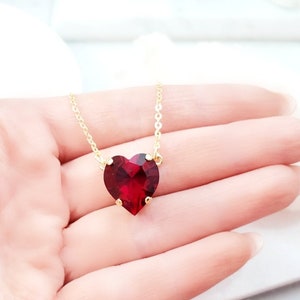 Ruby Heart Necklace BIG GOLD RED Crystal Heart Pendant, July Ruby ...