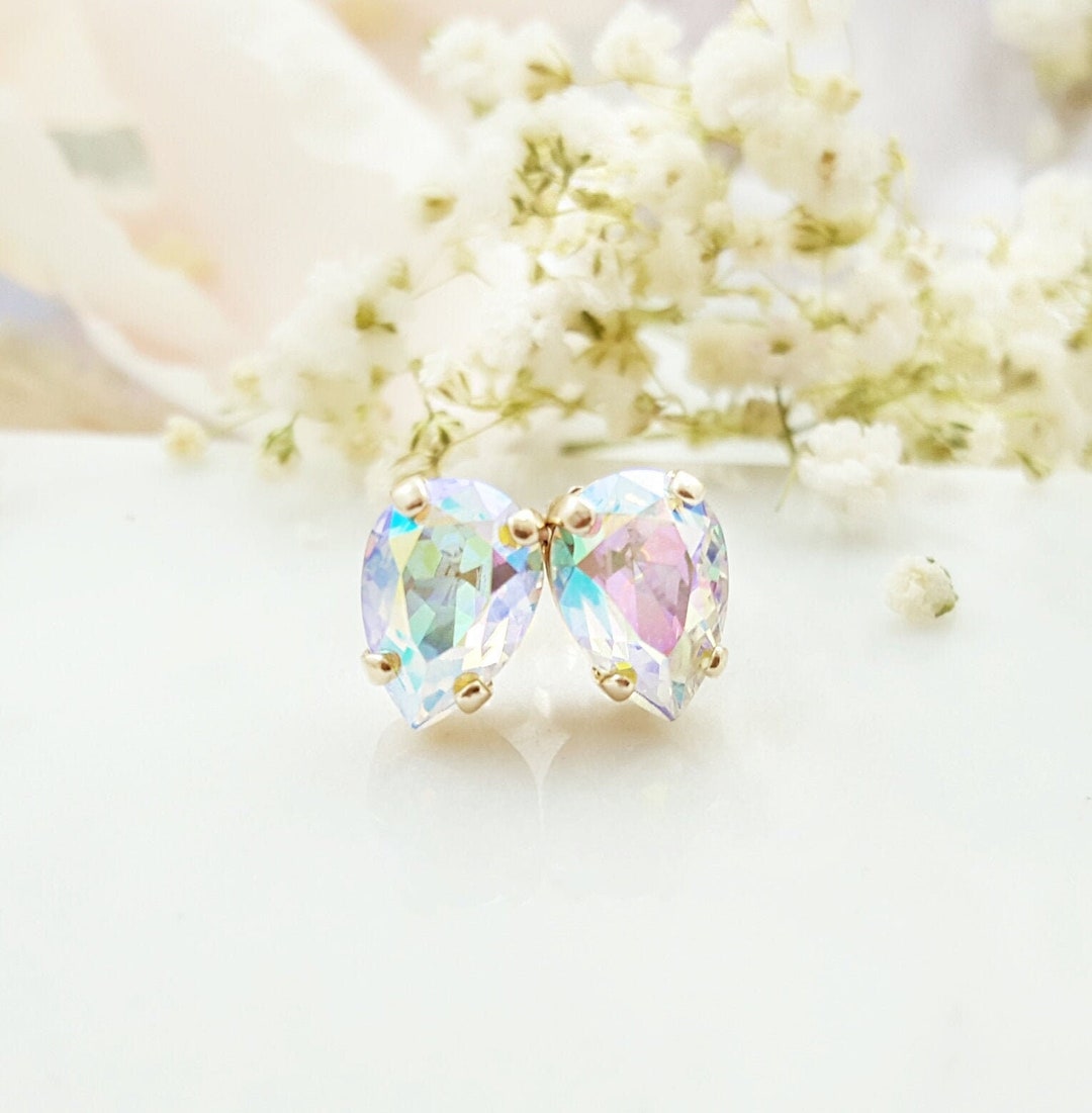 IRIDESCENT DIAMOND EARRINGS Gold or Silver Ab Teardrop Crystal Earrings ...