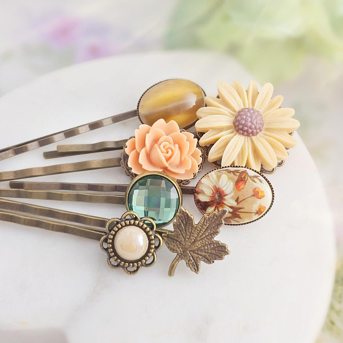AUTUMN Hair Accessories 7 Decorative Bobby Pins, Trees & Leaves, Sage ...