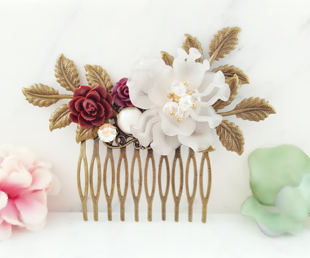 Maroon & White Hair Comb, Floral Bridesmaid, Red Roe Wedding ...