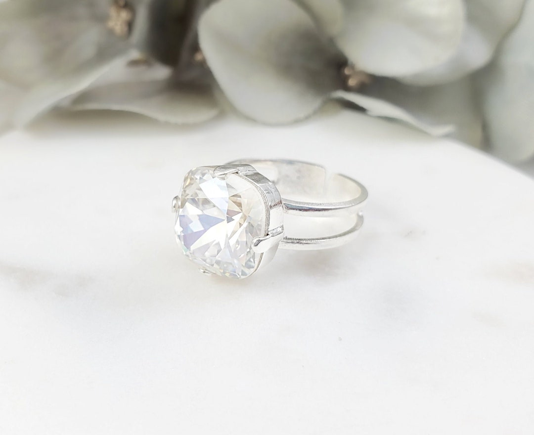 DIAMOND CRYSTAL RING Silver Cushion Cut Ring, Big Square Stone ...
