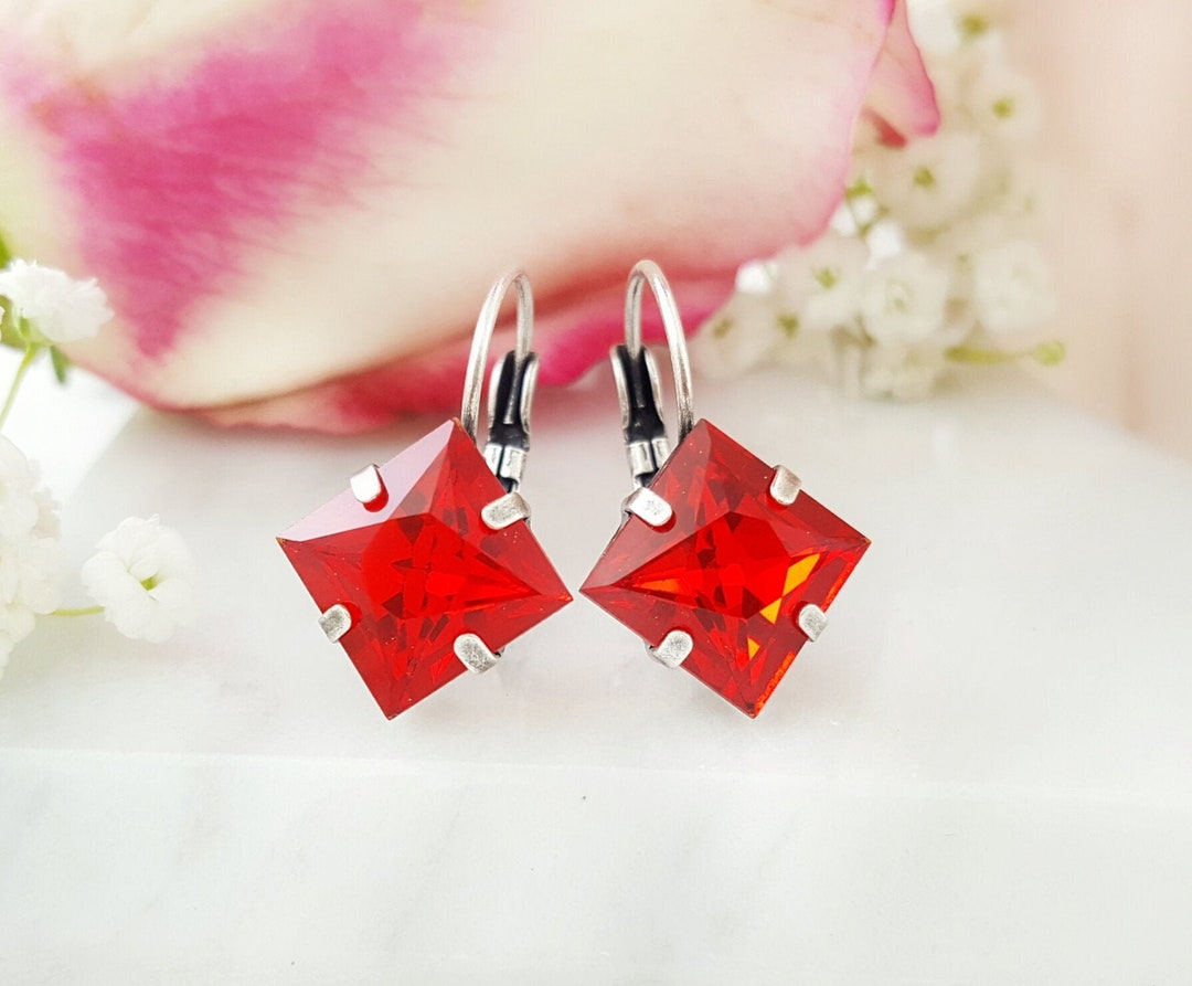 RED CRYSTAL EARRINGS Dark Silver Square Ruby Red Drop Earrings, Bright ...