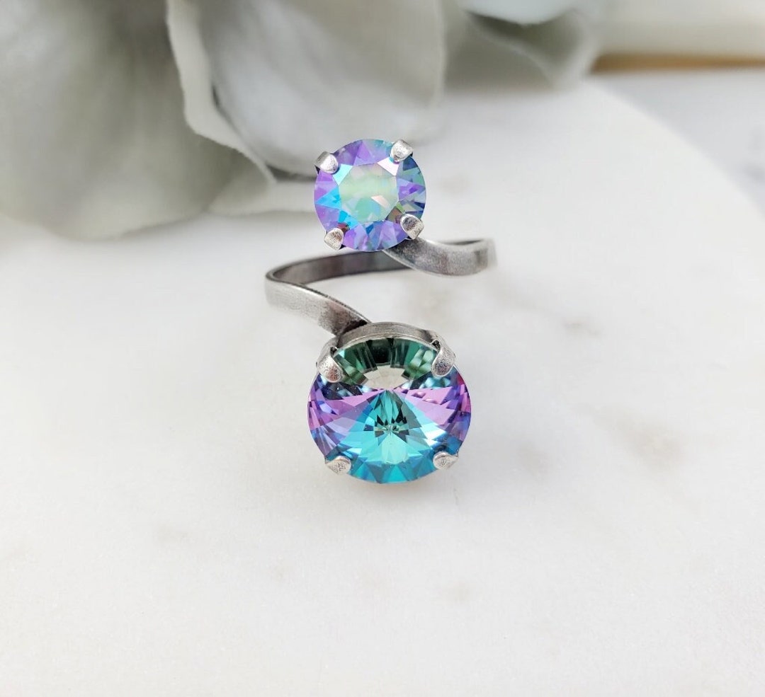 AURORA BOREALIS RING Iridescent Blue Dark Silver Spiral Ring, Big Purple Amethyst Crystal ...