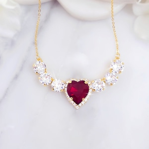 Ruby Heart Necklace BIG GOLD RED Crystal Heart Pendant, July Ruby ...
