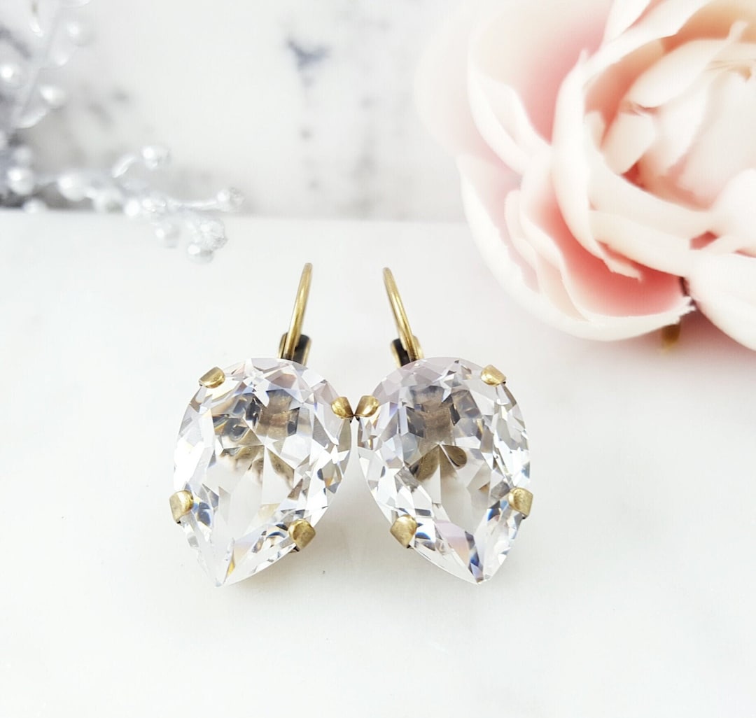 CLEAR DIAMOND EARRINGS Large Crystal Teardrops, Sparkly White ...