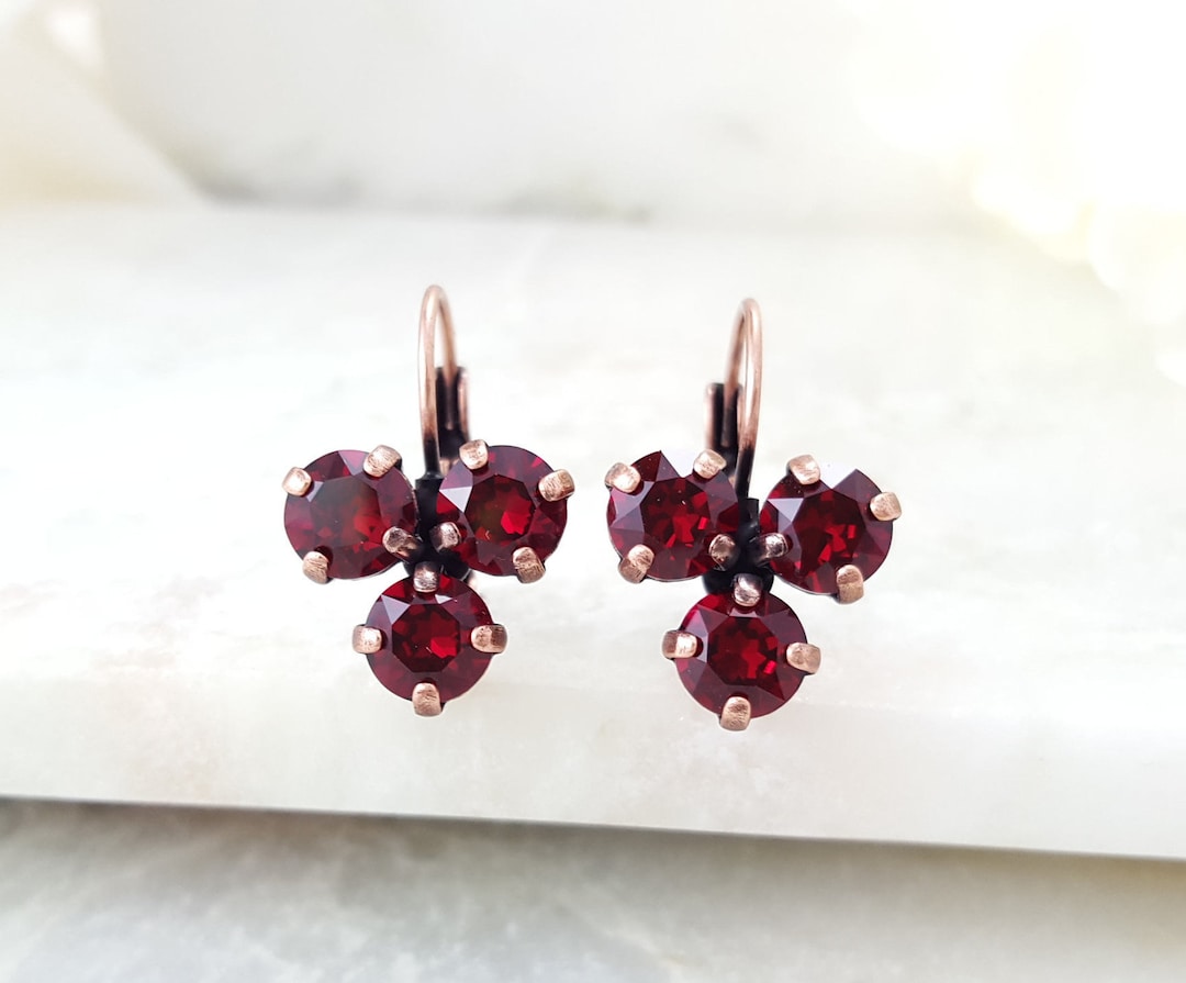 RED RUBY EARRINGS Dark Red Siam Crystal Dangles, Garnet Drops, Burgundy Jewelry, January ...